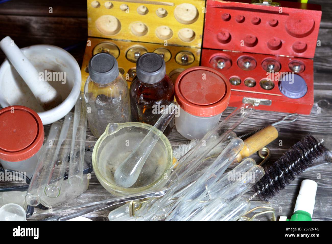 Various laboratory set of different equipment, safety goggles, Litmus ...