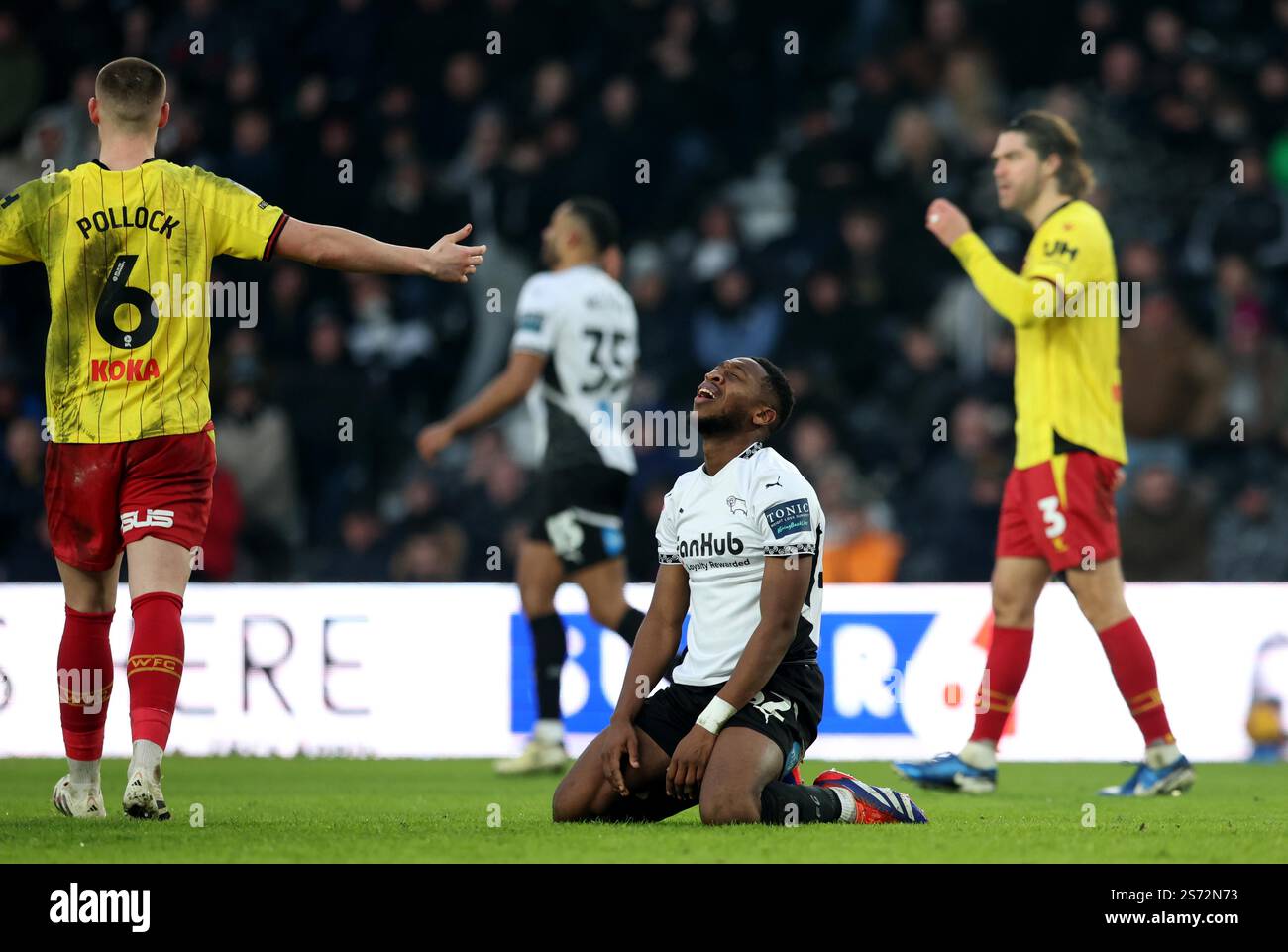 Derby County's Ebou Adams reacts during the Sky Bet Championship match ...