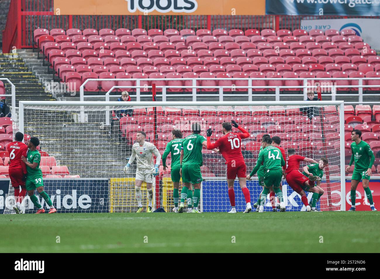 Swindon, UK. 18th Jan 2025. General action as Barrow AFC defend against ...
