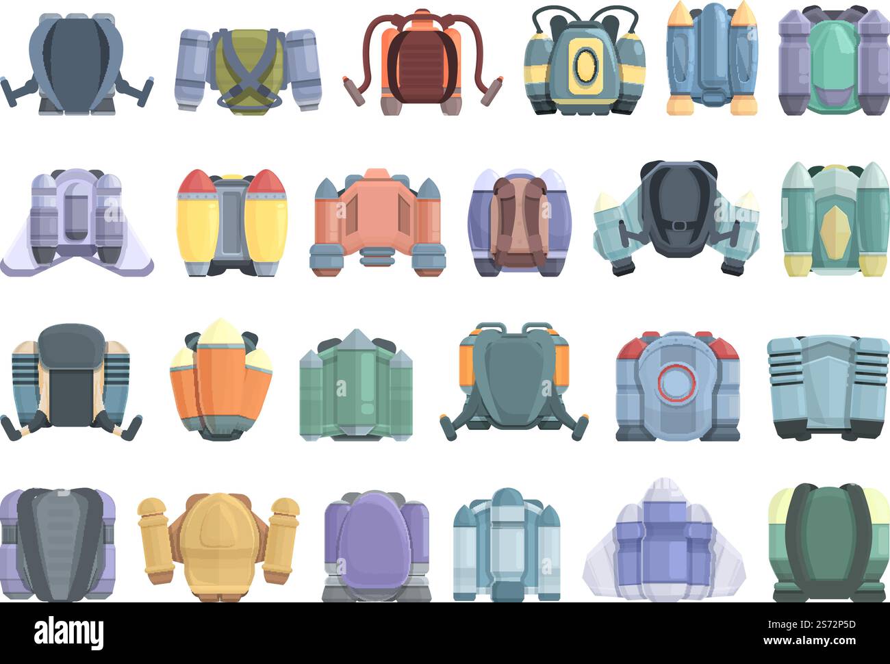 Jetpack icons set cartoon vector. Rocket fly. School boy. Jetpack icons ...