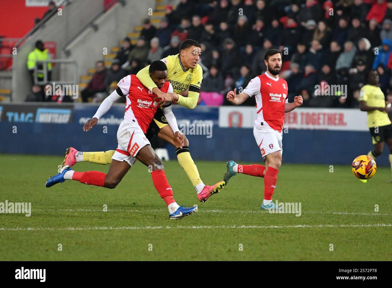 Rotherham, England. 18th Jan 2025. Miles Leaburn and Hakeem Odoffin ...
