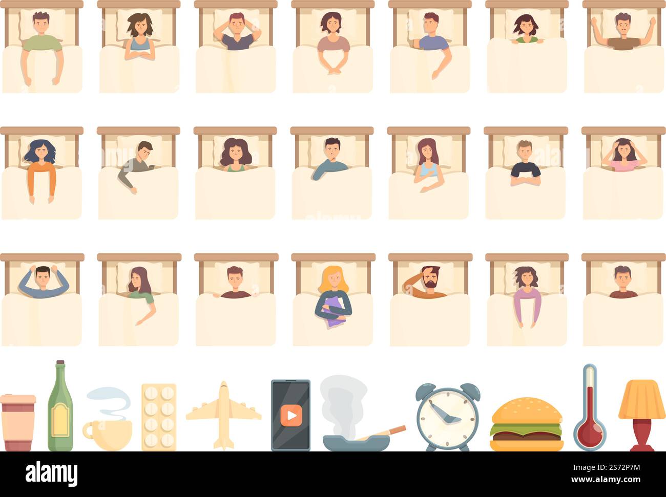 Insomnia icons set cartoon vector. Coffee man. Causes stress. Insomnia ...