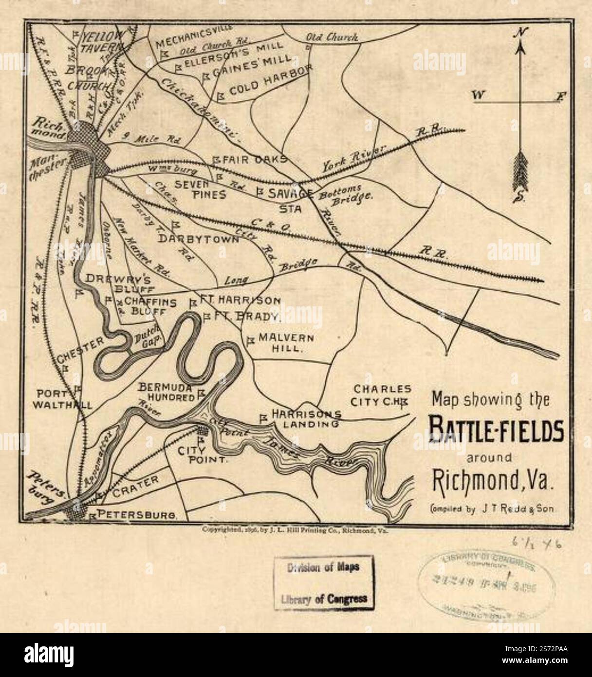 Map showing the battle-fields around Richmond, Va. 1896 by J. T. Redd ...