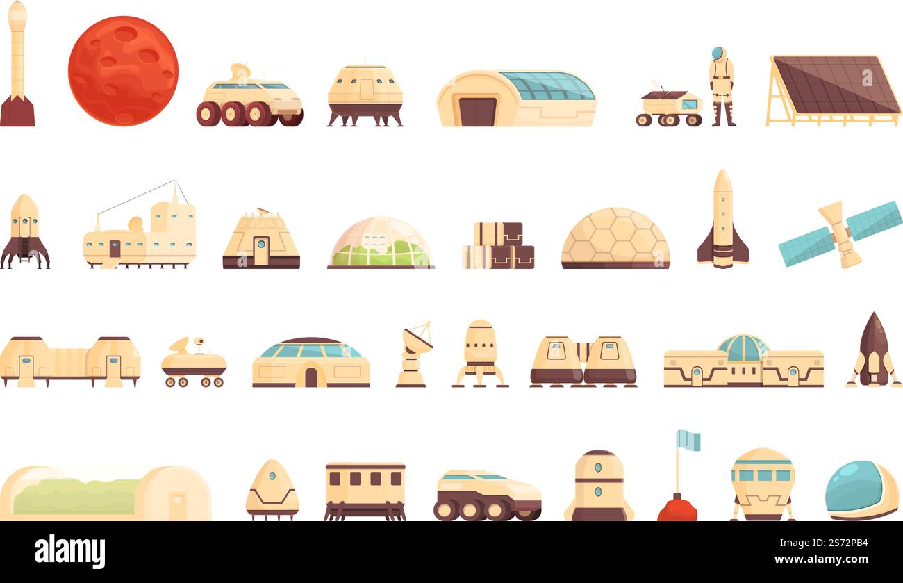 Mars colonization icons set cartoon vector. Astronaut space. Spaceman ...