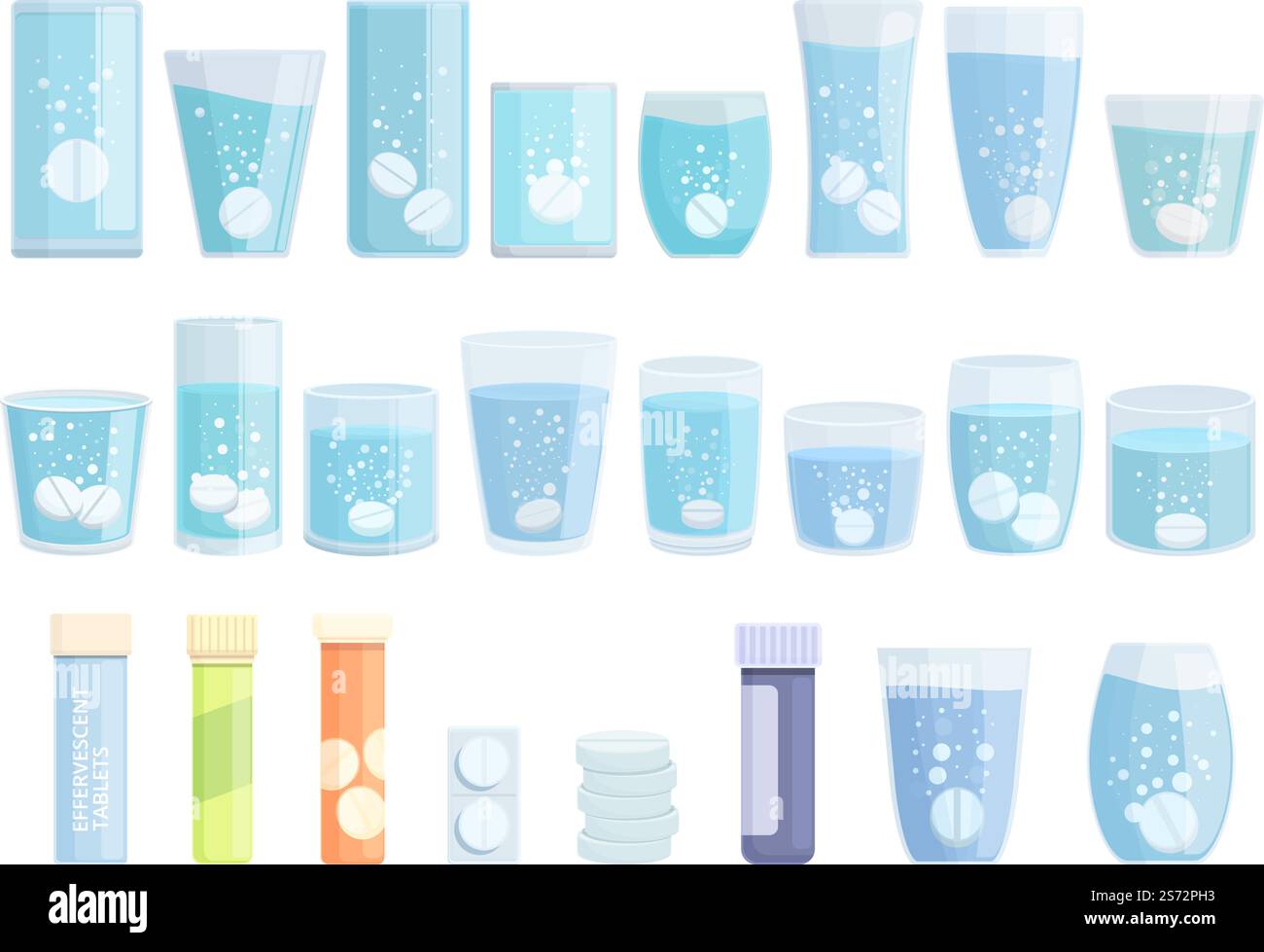Effervescent tablets icons set cartoon vector. Water pill. Glass cup ...