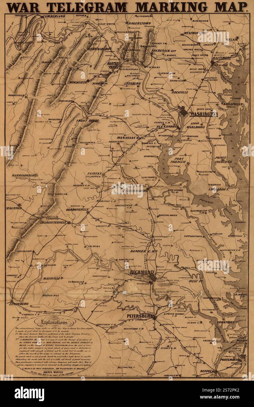 War telegram marking map. 1862 by Louis Prang and Company Stock Photo ...