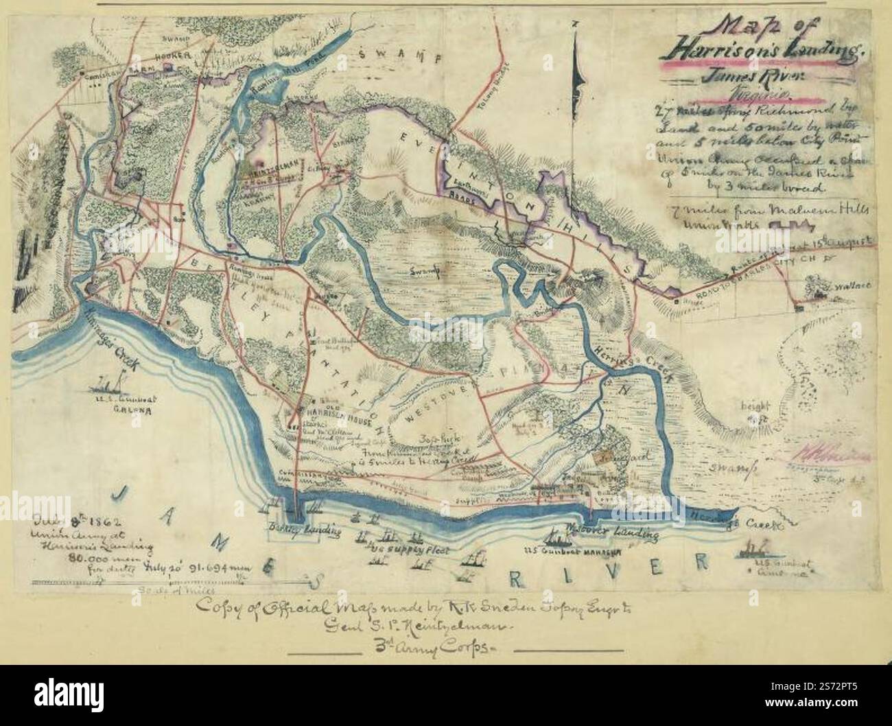 Map of Harrison's Landing, James River, Virginia. 1862 by Sneden Robert ...