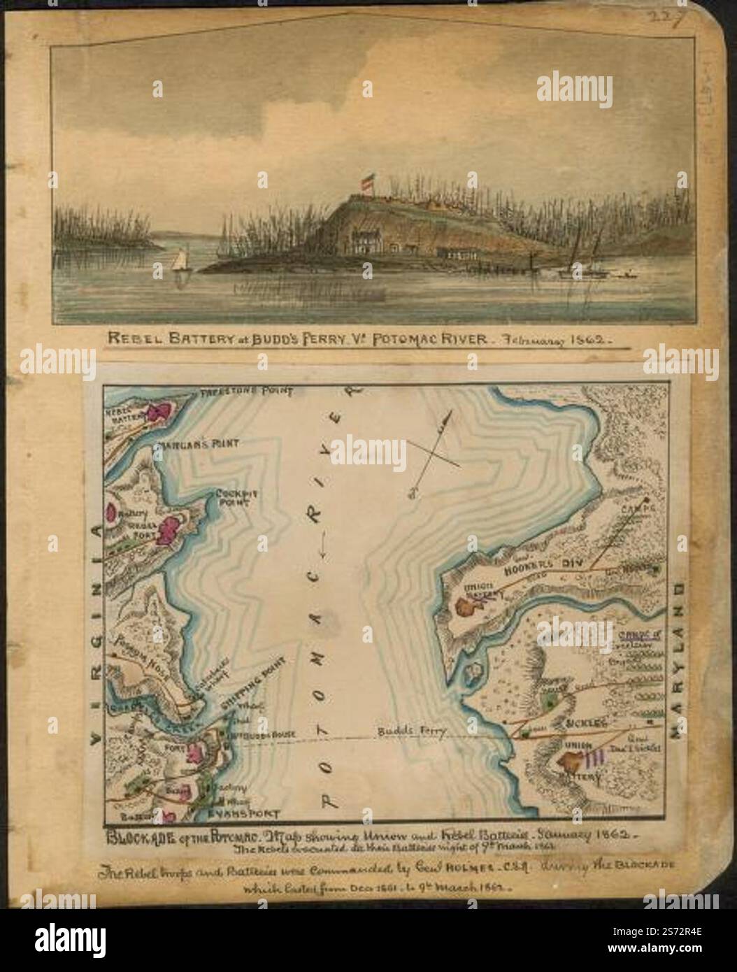 Blockade of the Potomac. Map showing Union and Rebel batteries January ...