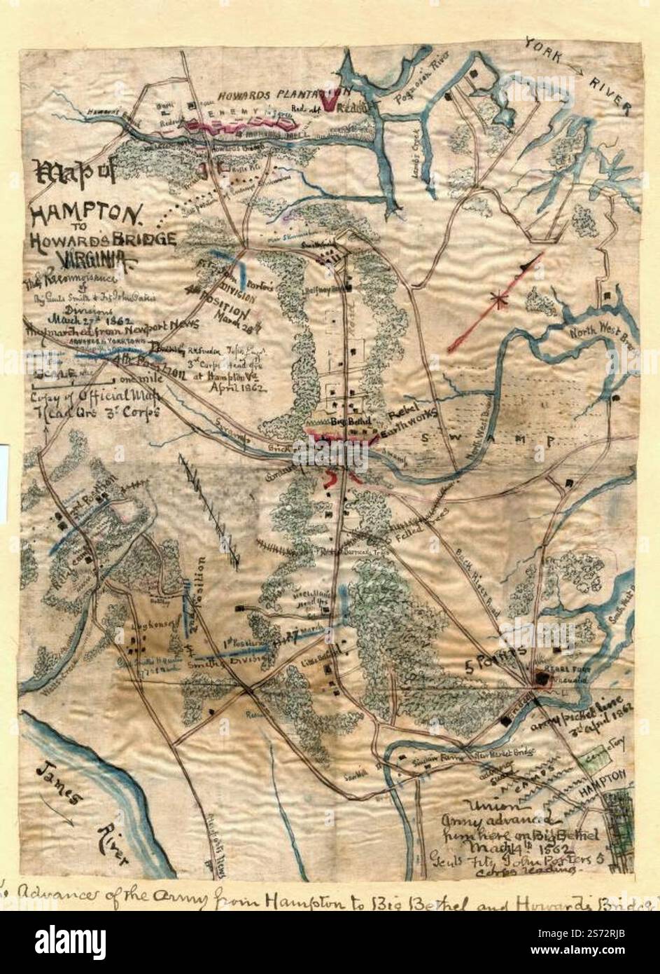 Map of Hampton to Howard's Bridge, Virginia. 1862 by Sneden Robert Knox ...