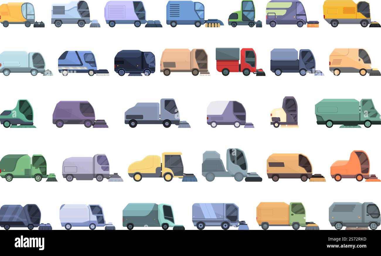 Sweeper icons set cartoon vector. Street truck. Machine broom. Sweeper ...