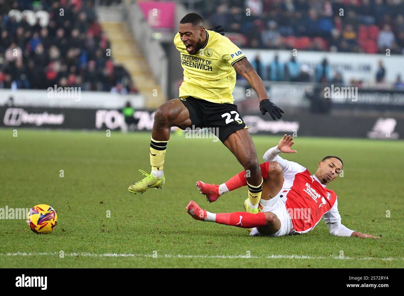 Rotherham, England. 18th Jan 2025. Chuks Aneke and Cohen Bramall during ...