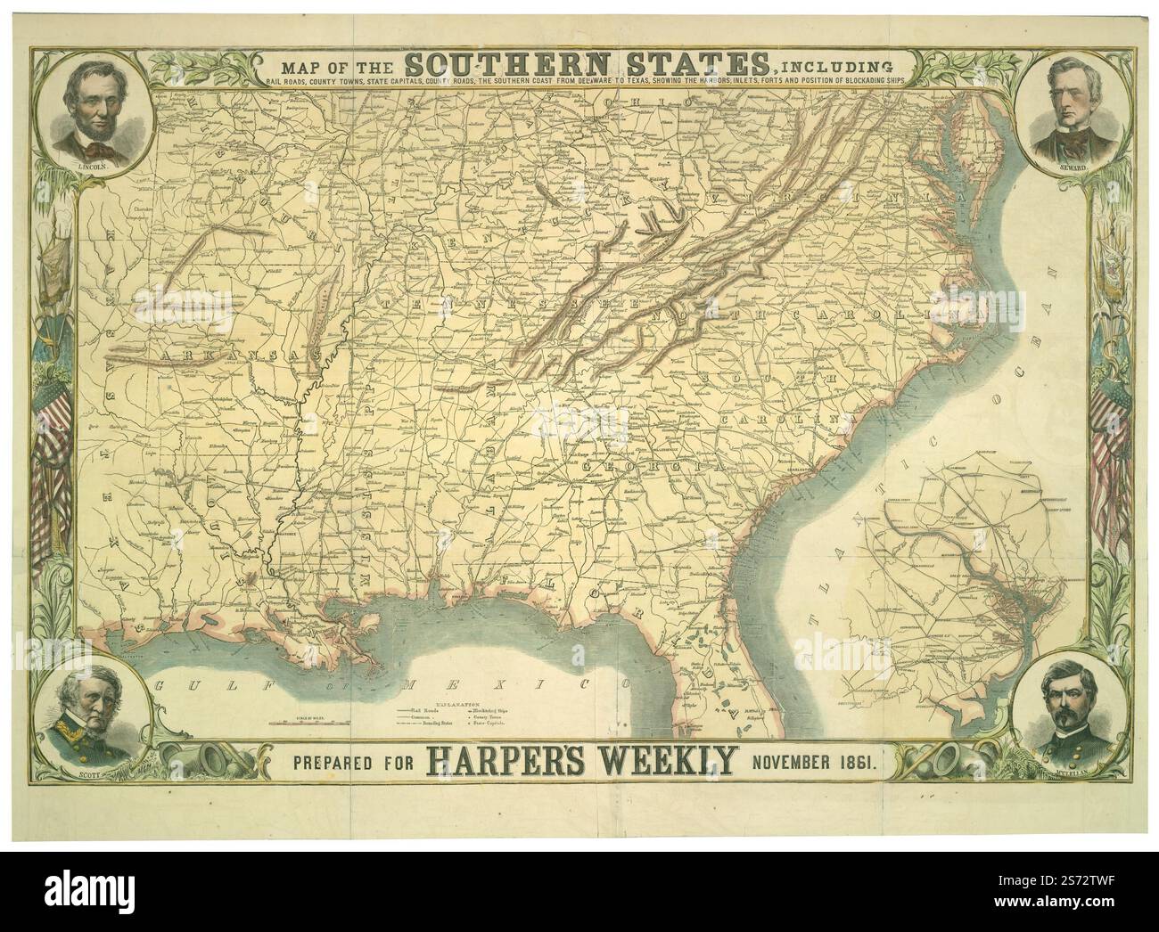 Map of the southern states, including rail roads, county towns, state ...