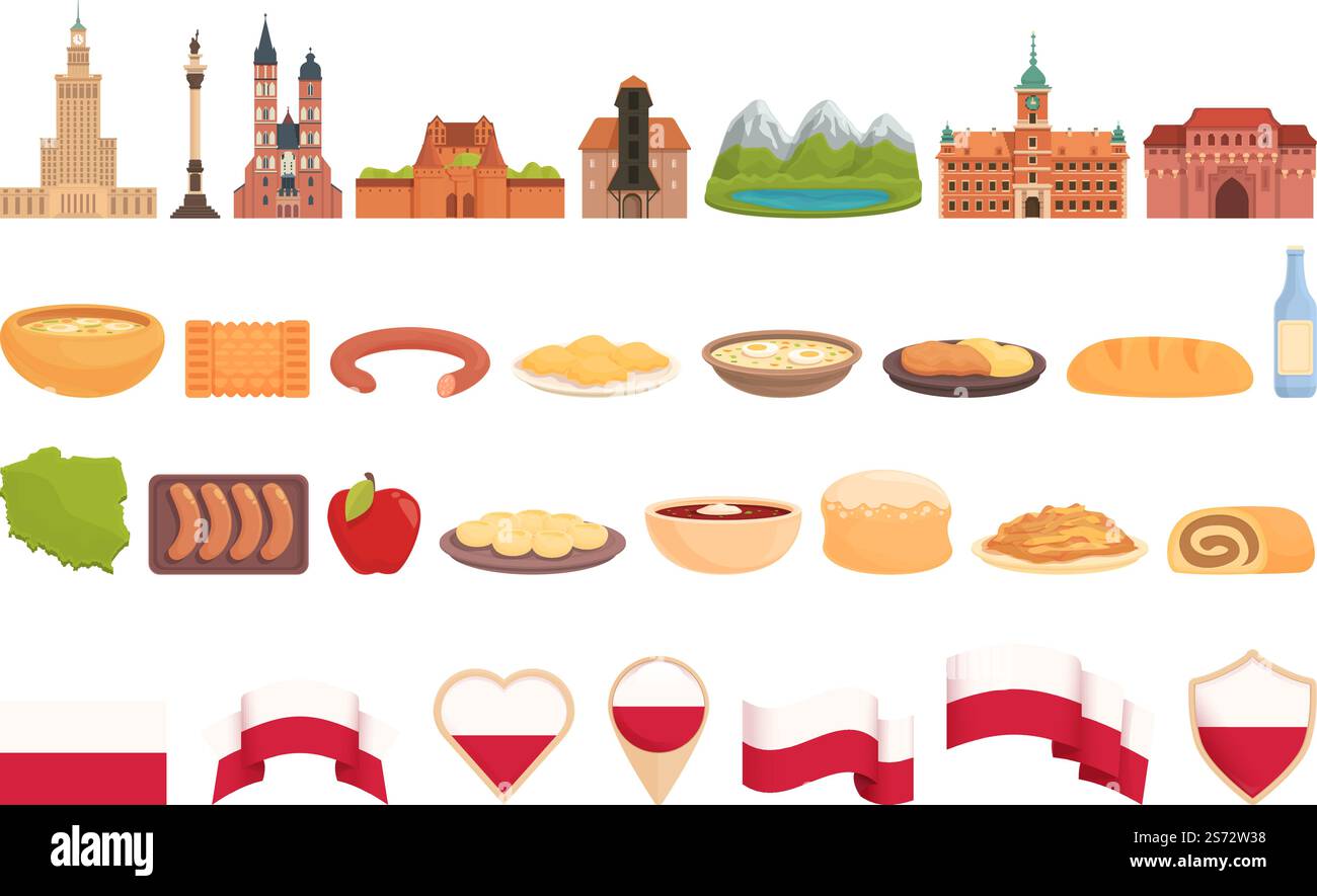 Poland icons set cartoon vector. Food country. Culture folk. Poland ...