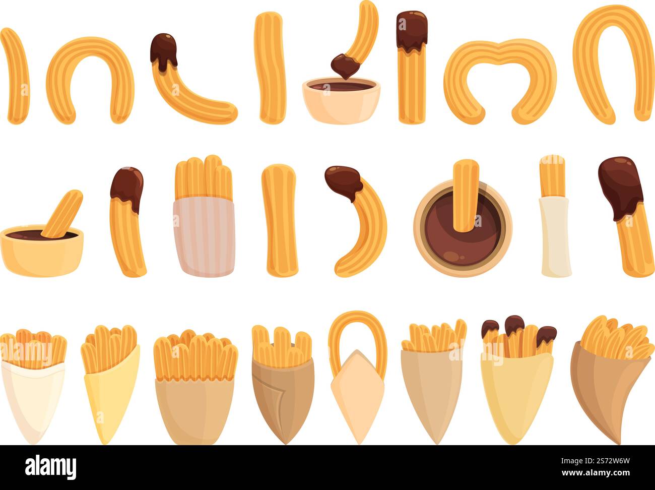 Churros icons set cartoon vector. Mexican chocolate. Churro food ...