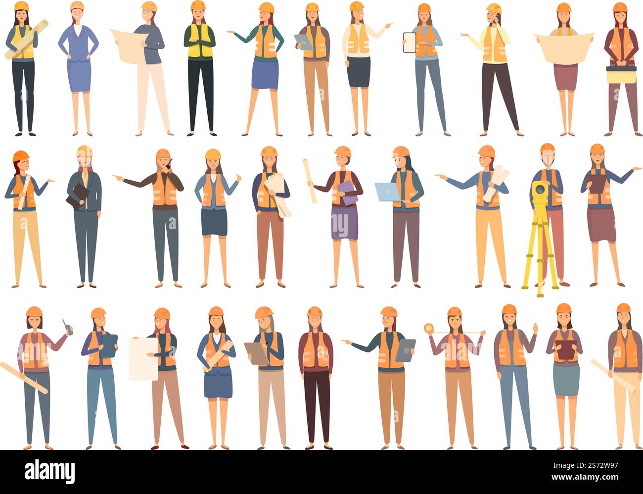 Female construction engineer icons set cartoon vector. Architect worker ...