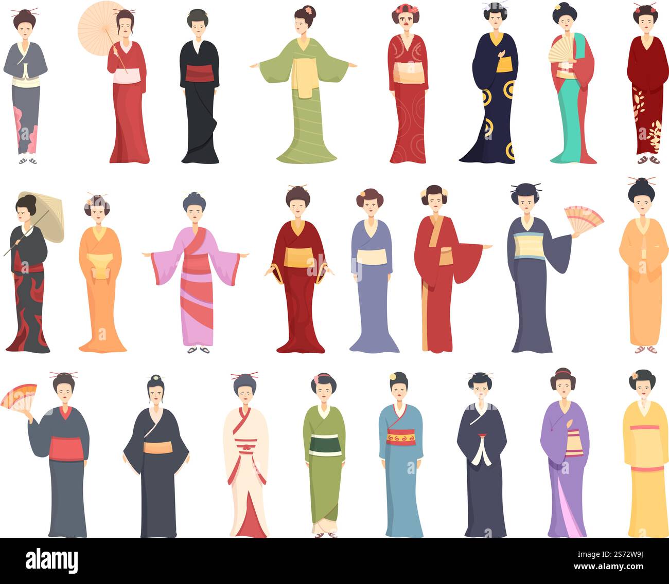 Geisha icons set cartoon vector. Japanese girl. Japan kimono. Geisha ...