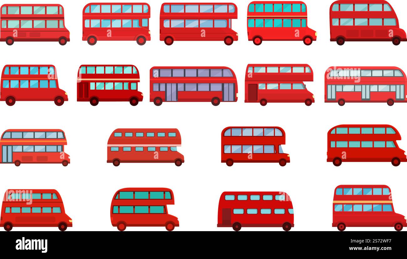 London bus icons set cartoon vector. Decker double. Travel transport ...