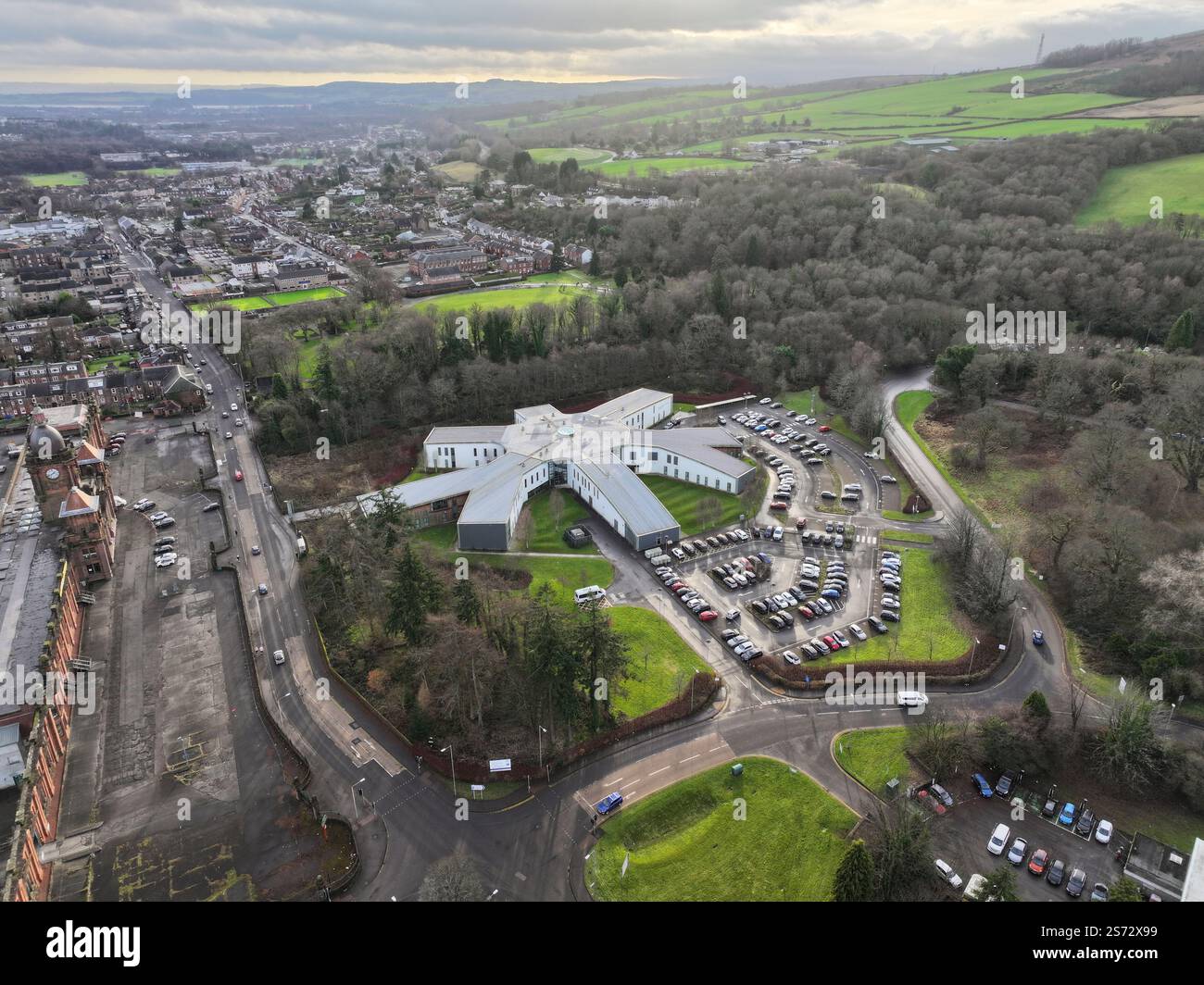 Aerial drone view of The Vale Centre at the Vale of Leven District ...