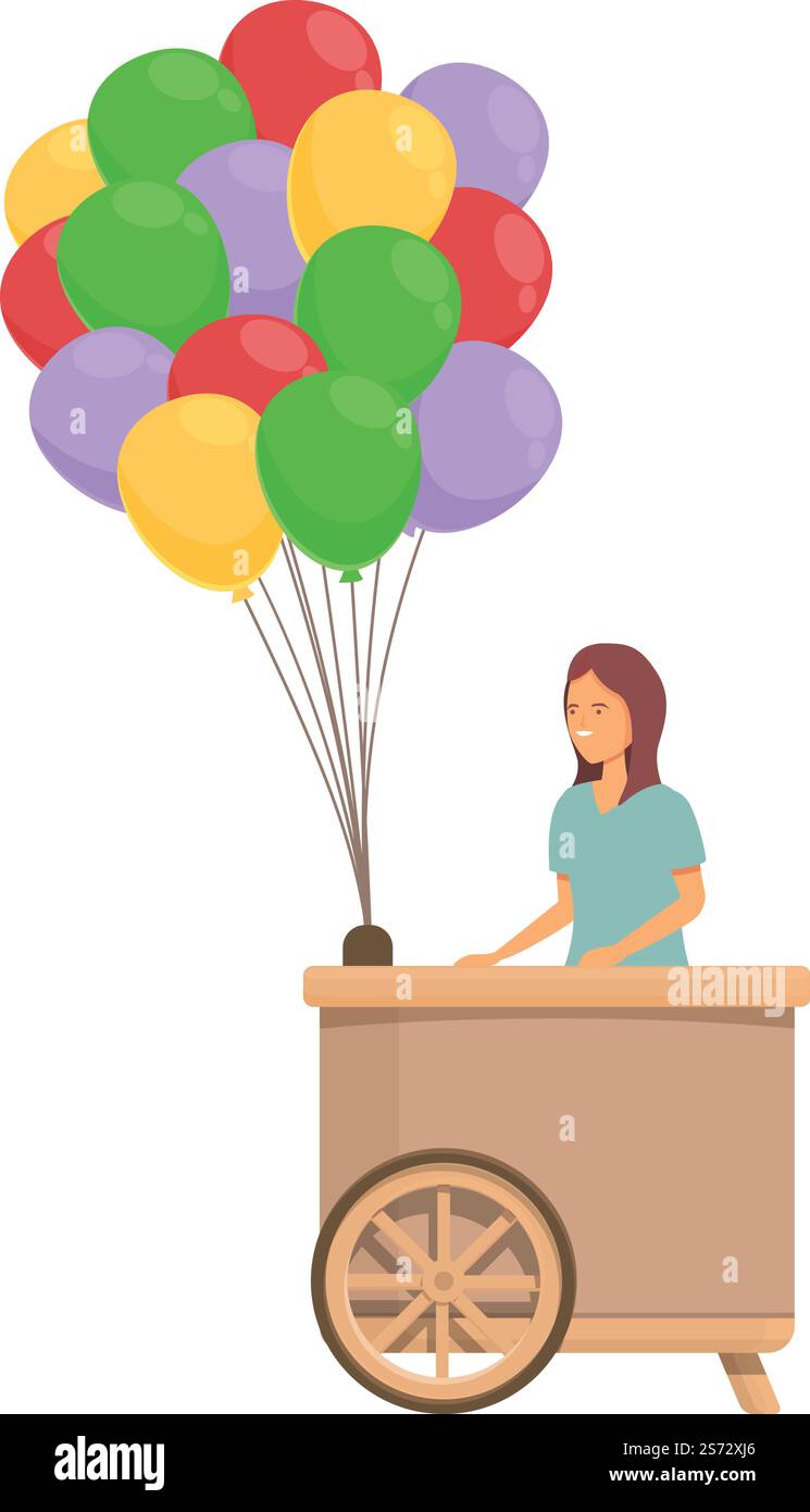 Balloon seller wood cart icon cartoon vector. Street seller. Shadow ...