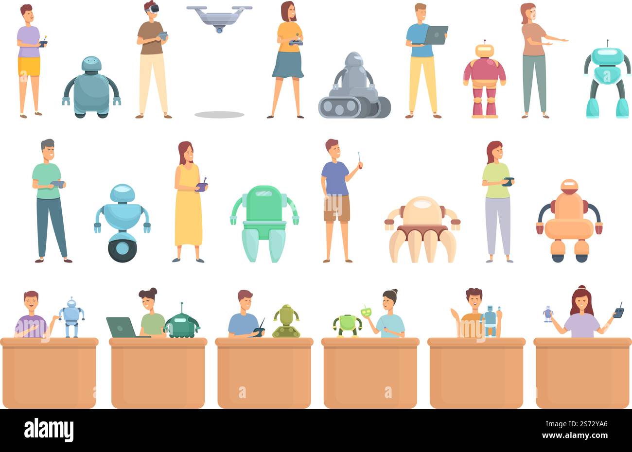 Robotics kids education icons set cartoon vector. Robot program. Engineer making. Robotics kids ...