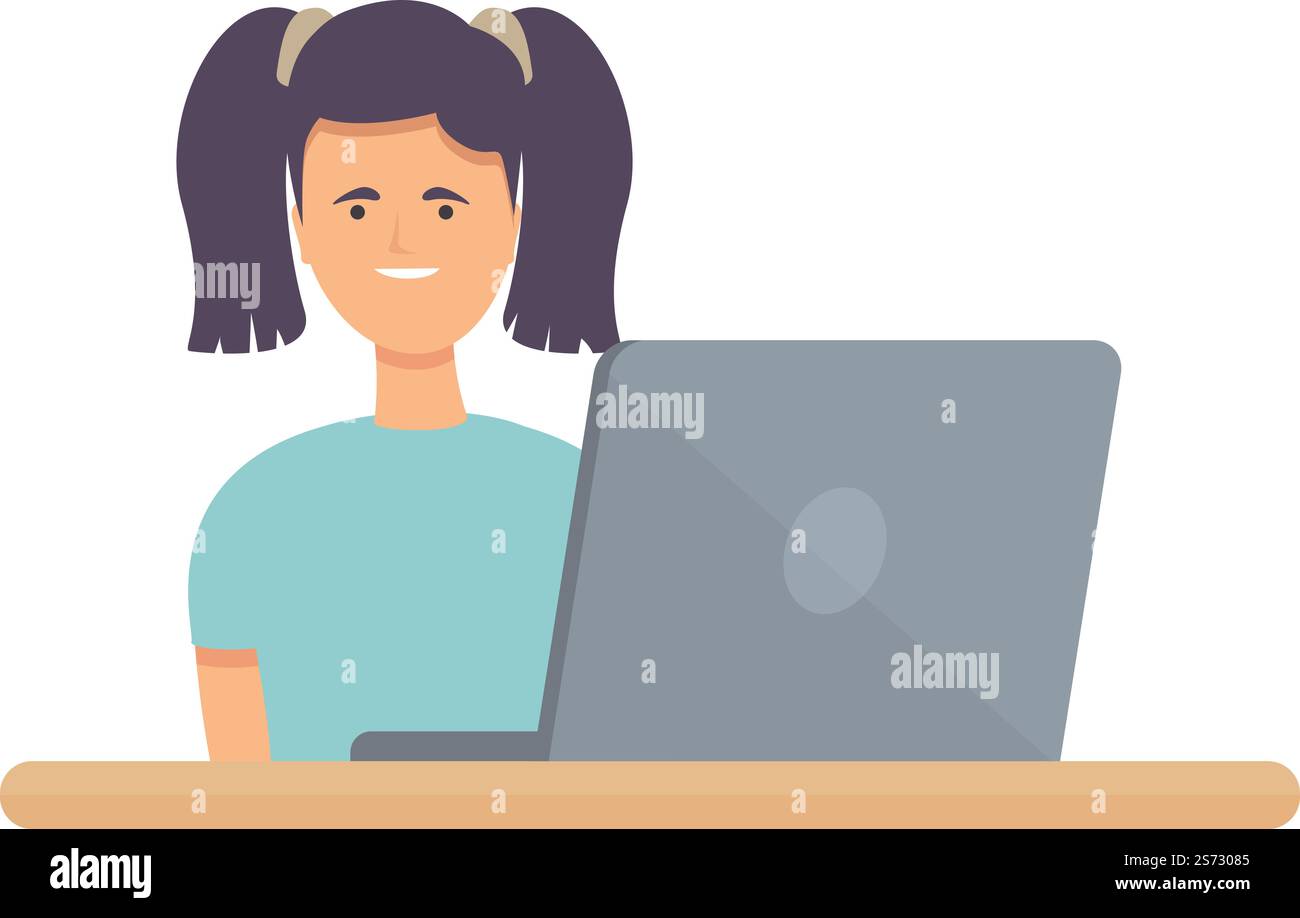 Smiling online girl icon cartoon vector. Computer child. School ...