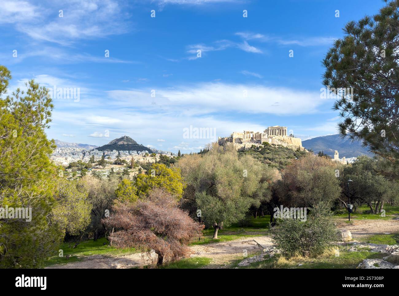 Athens, Greece. Parthenon, Acropolis hill and mount Lycabettus view from Areopagus hill, blue ...