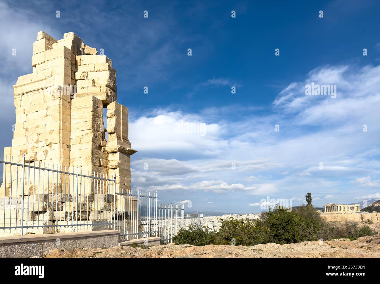 Athens, Greece, Philopappos Monument, blue sky with clouds background ...