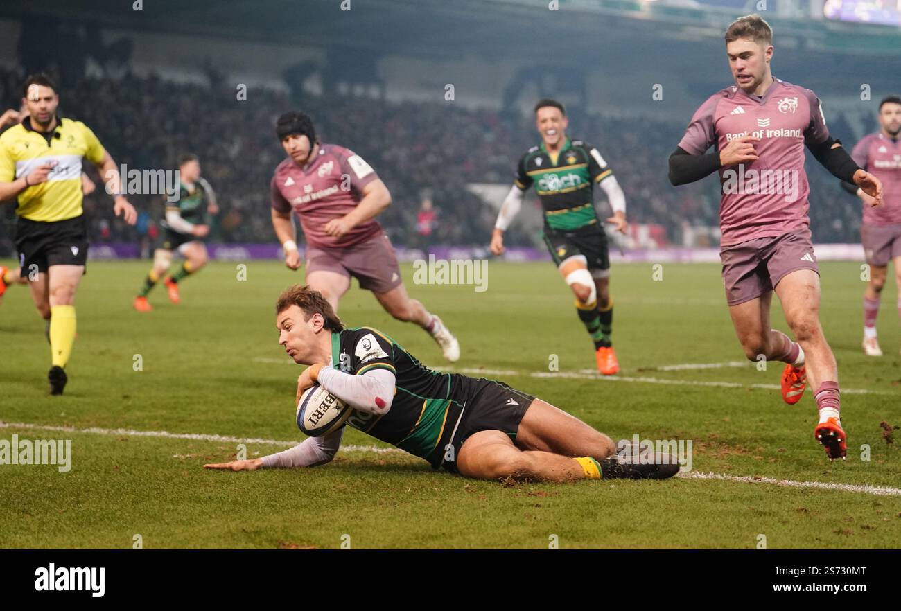 Northampton's James Ramm scores their fourth try during the Investec ...