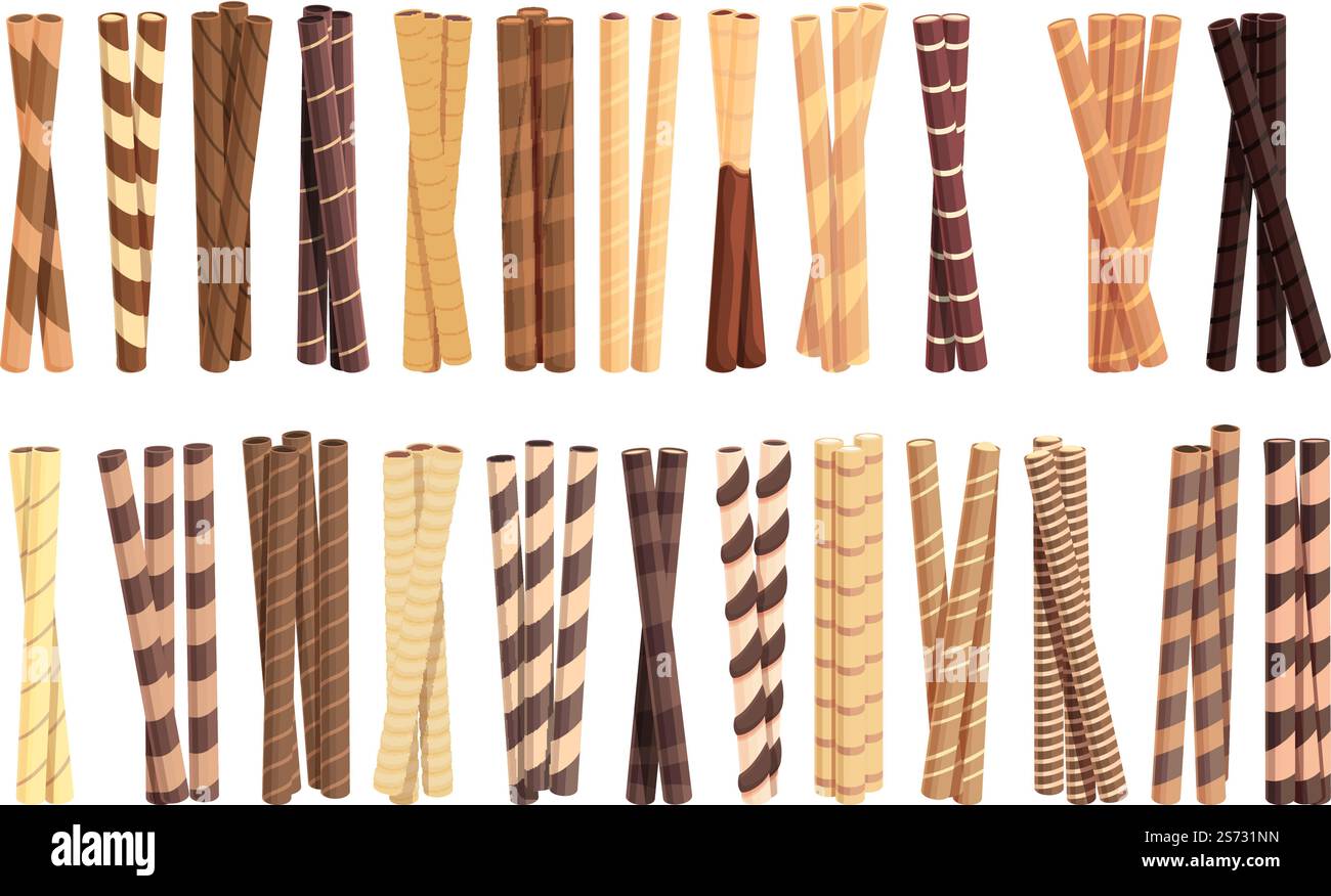 Wafer rolls icons set cartoon vector. Choco stick. Roll sweet. Wafer ...