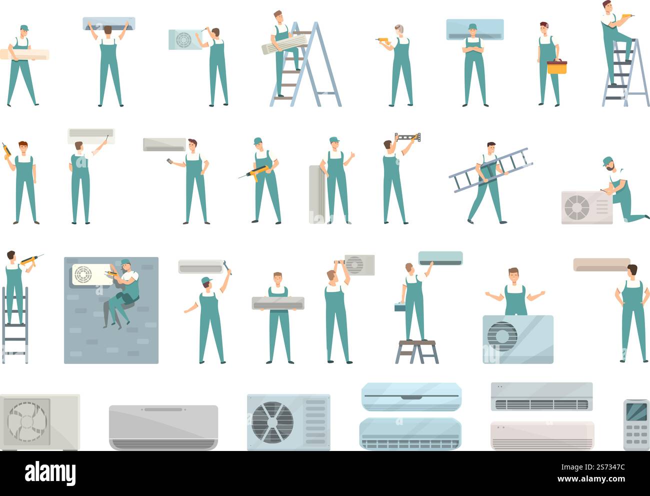 Installation of air conditioner icons set cartoon vector. Air ...