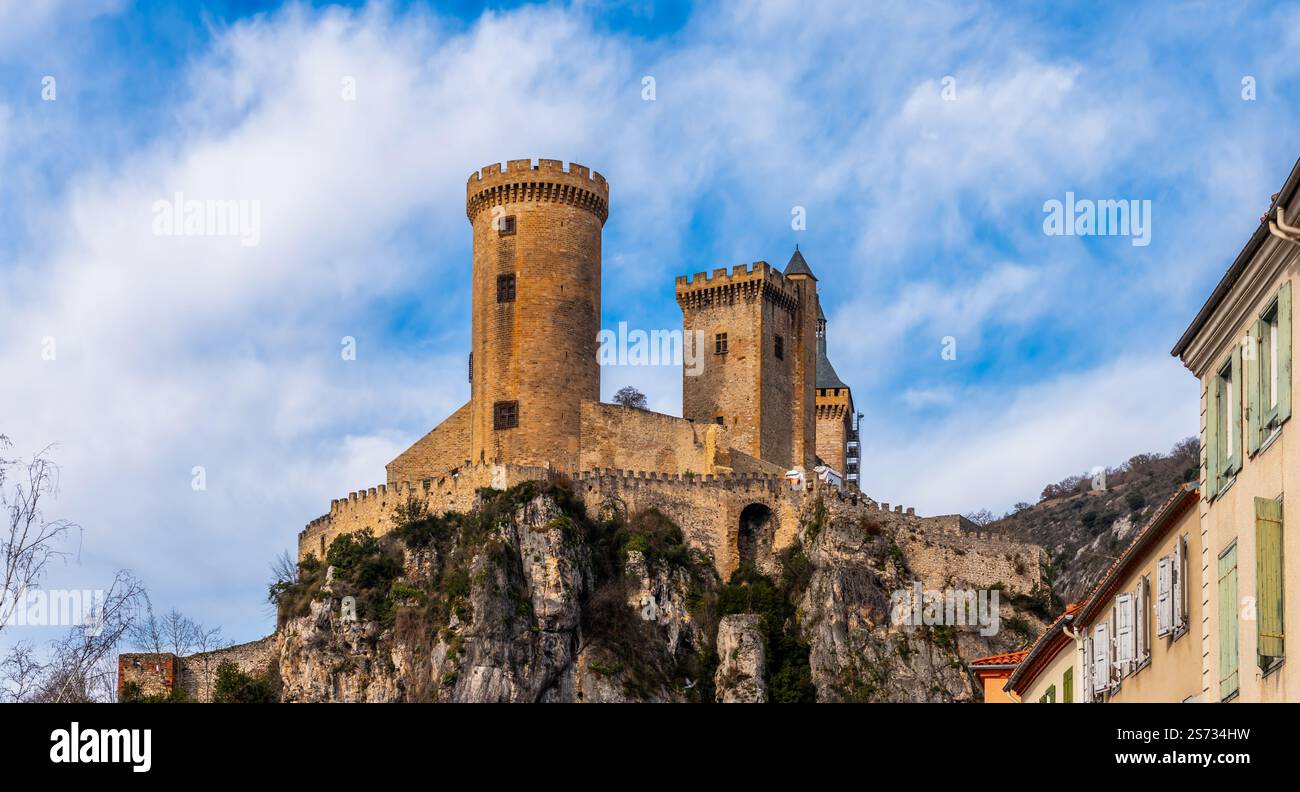 Medieval castle of Foix on a promontory, in Ariege, in Occitanie ...