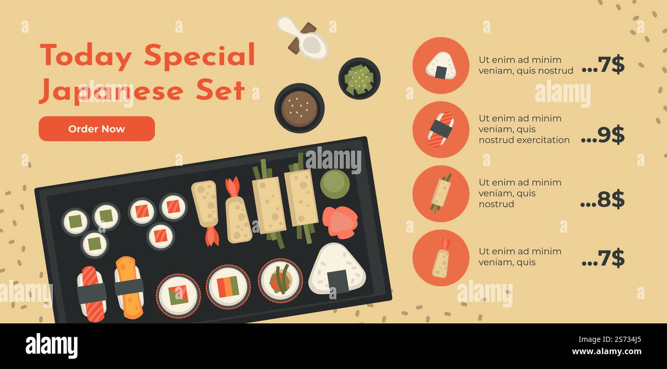 Menu with price of Japanese set sushi and maki with shrimps and seaweed ...