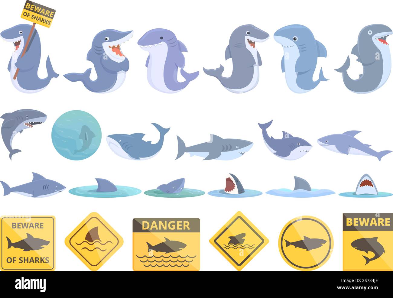 Beware the sharks icons set cartoon vector. Animal angry. Shark surf ... Beware the sharks icons set cartoon vector. Animal angry. Shark surf ...