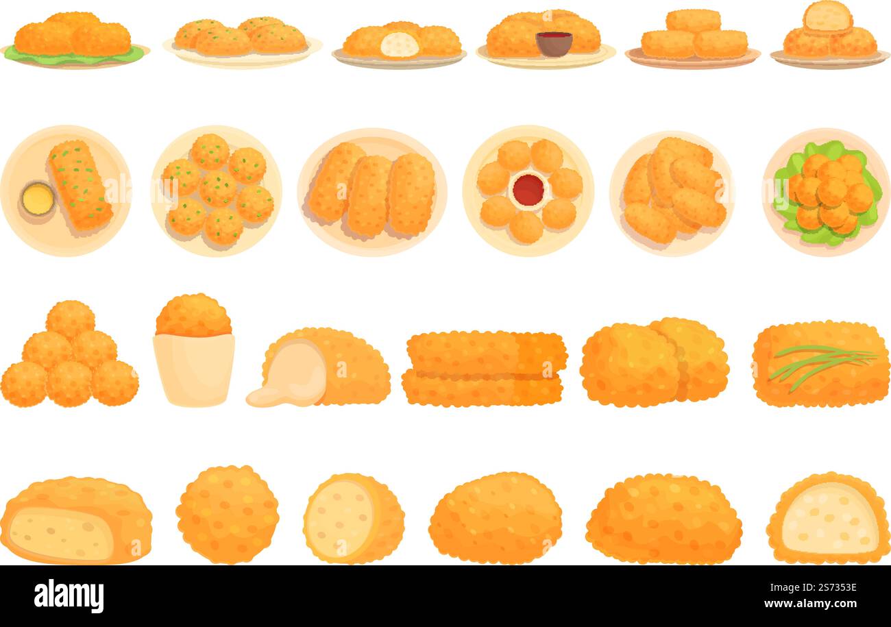 Croquette icons set cartoon vector. Baked ball. Food potato. Croquette ...