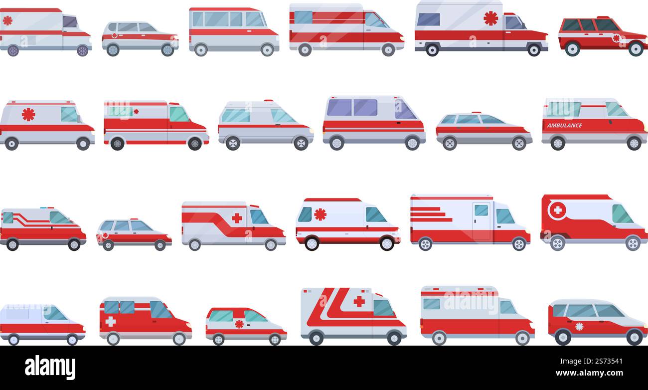 Emergency vehicles icons set cartoon vector. Ambulance transport. Car ...