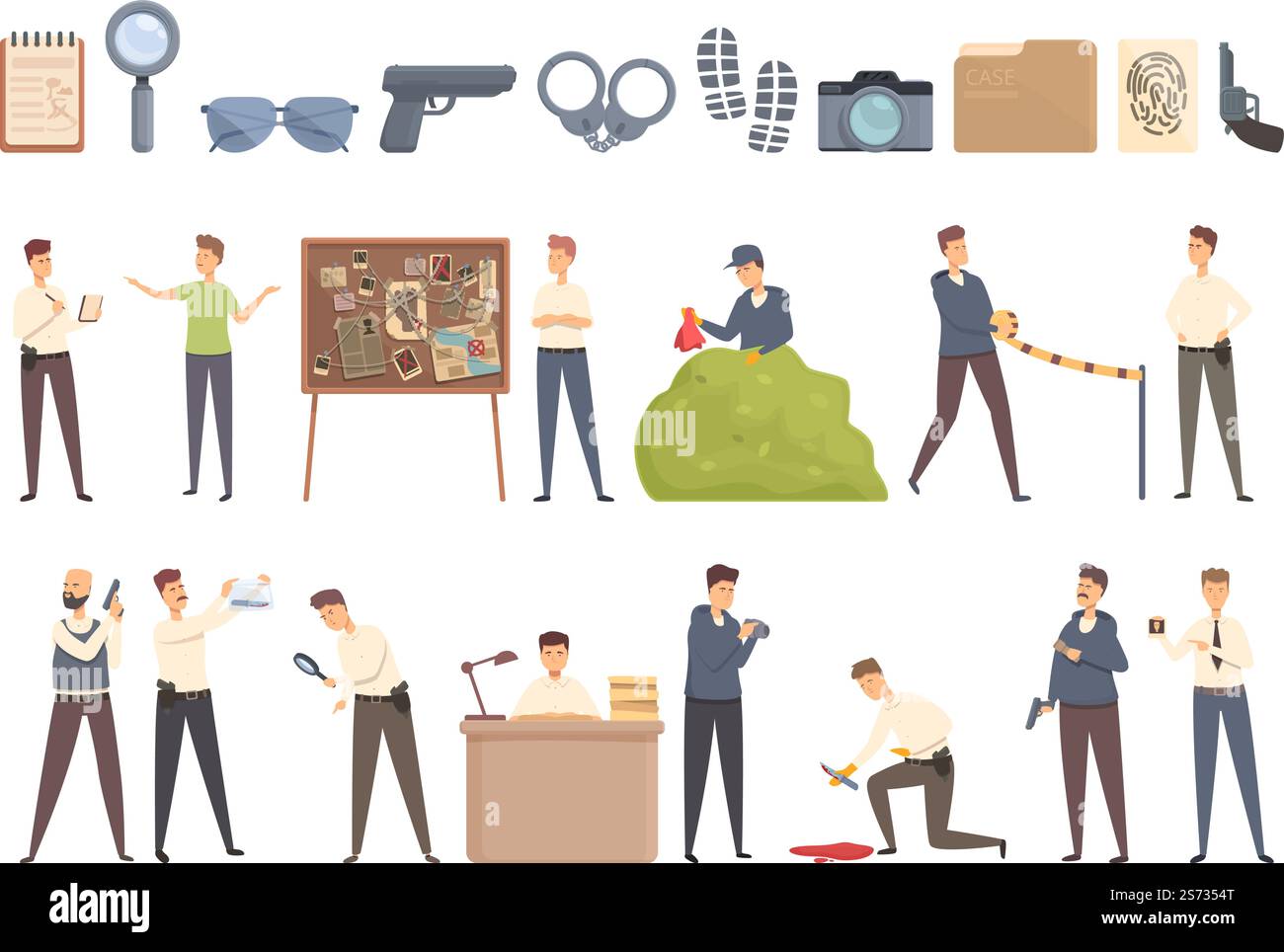 Solving the crime icons set cartoon vector. Board detective. Map ...