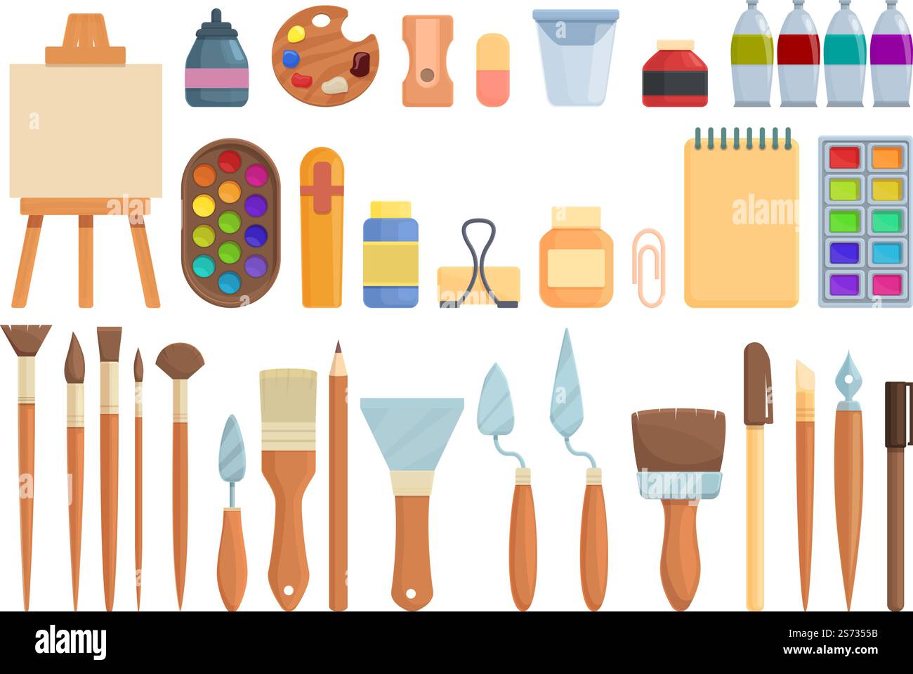 Painting studio icons set cartoon vector. Painter woman. Cloth artwork ...