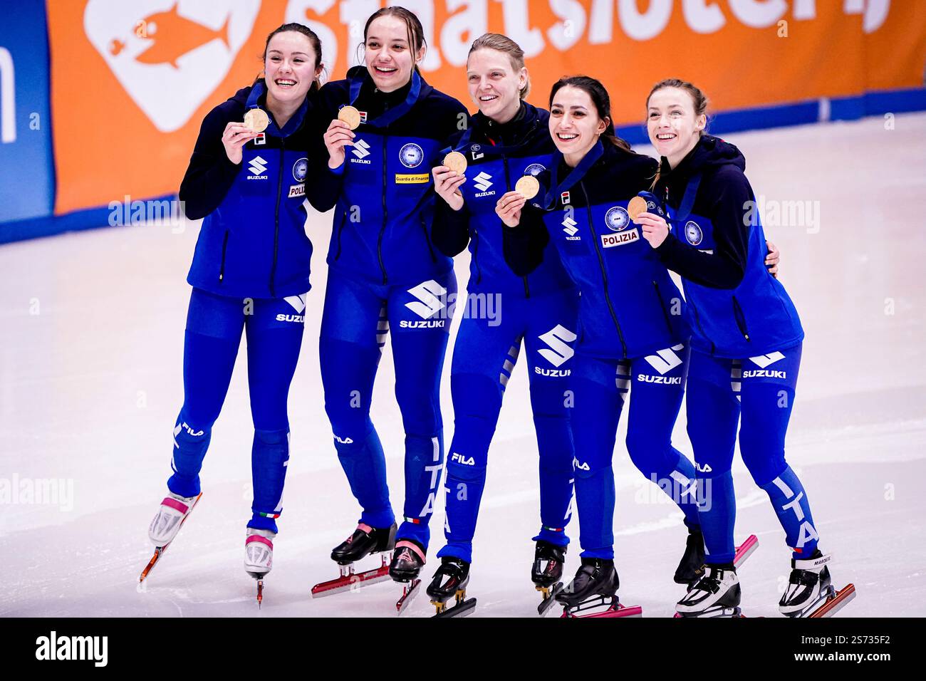 DRESDEN, GERMANY - JANUARY 18: Arianna Fontana of Italy, Chiara Betti of Italy, Gloria Ioriatti ...