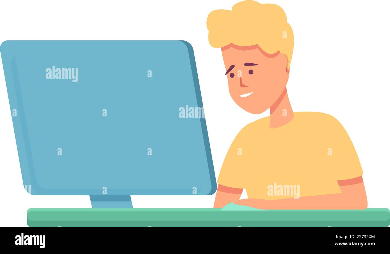 Boy computer icon cartoon vector. Kid learn. Class children. Boy computer icon cartoon vector ...