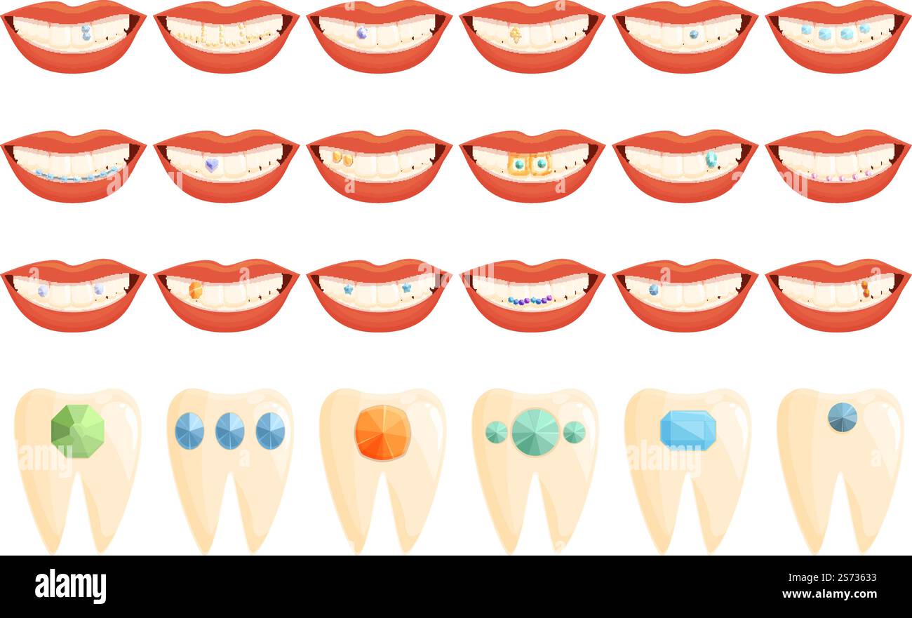 Tooth gems icons set cartoon vector. Dental care. Gem medicine. Tooth ...