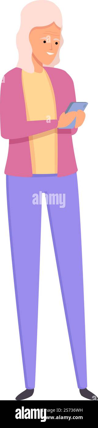 Grandma use phone icon cartoon vector. Old senior. Computer elder ...