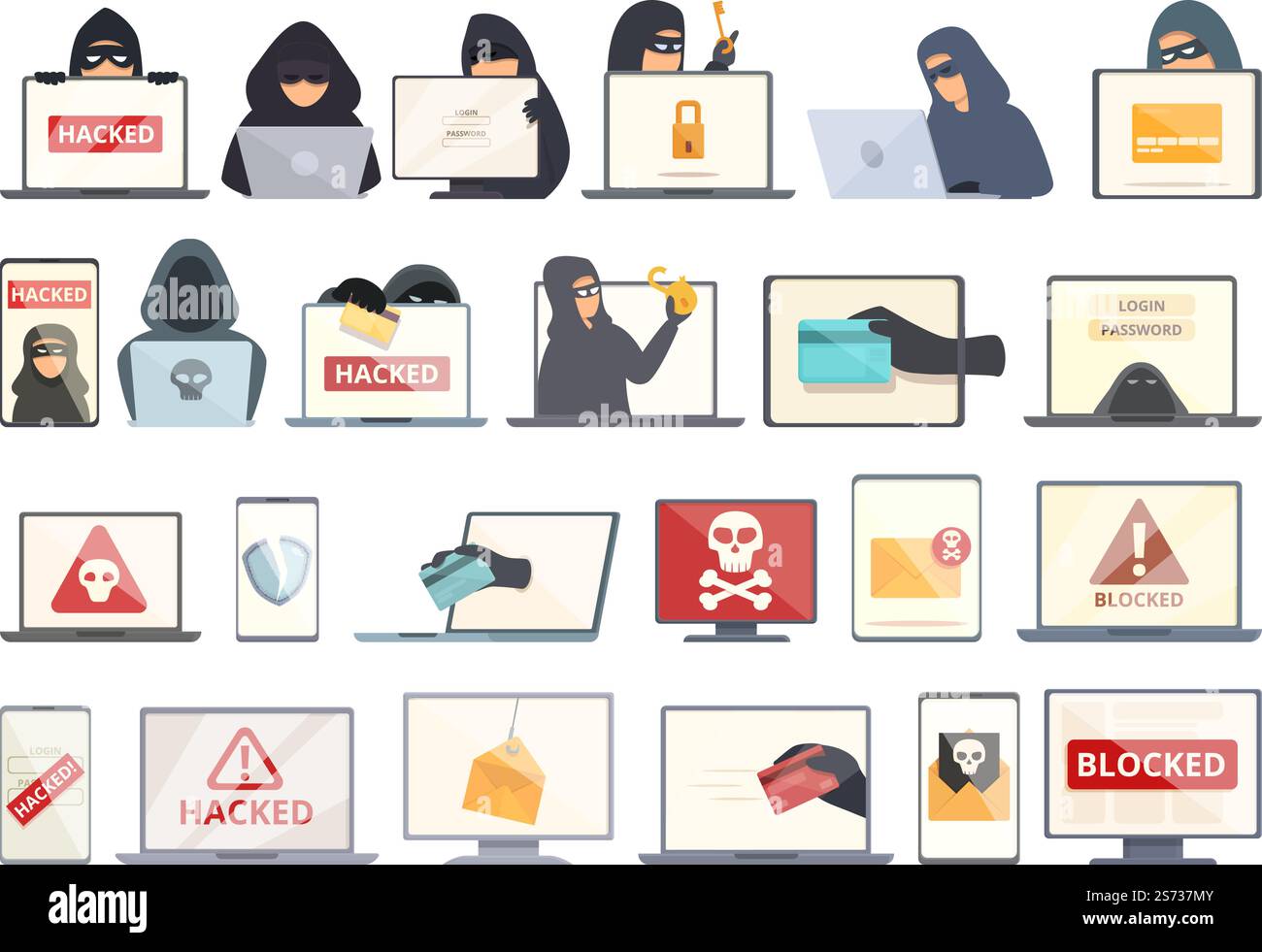 Hacker attack icons set cartoon vector. Fraud hacking. Attack criminal ...