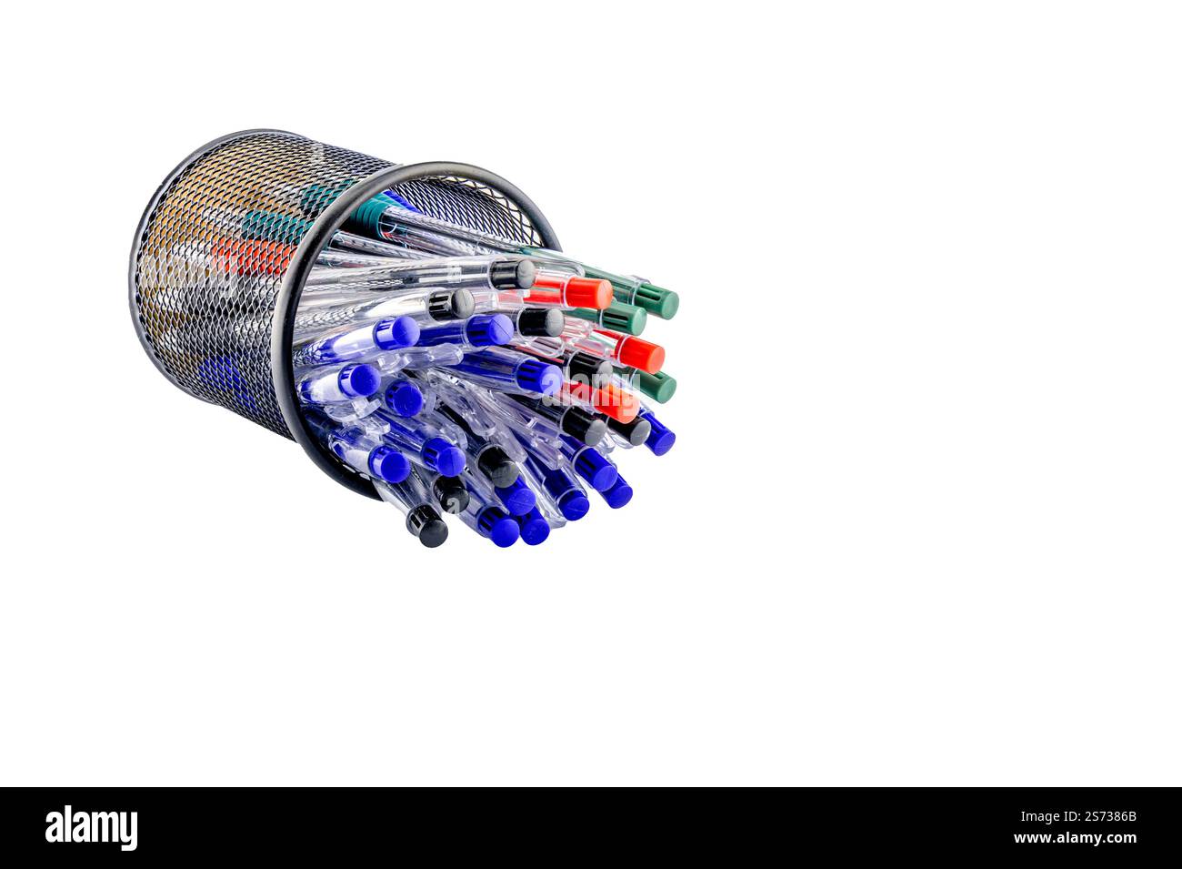 International Pen Writing Day, colorful pens in black metal basket, pen ...