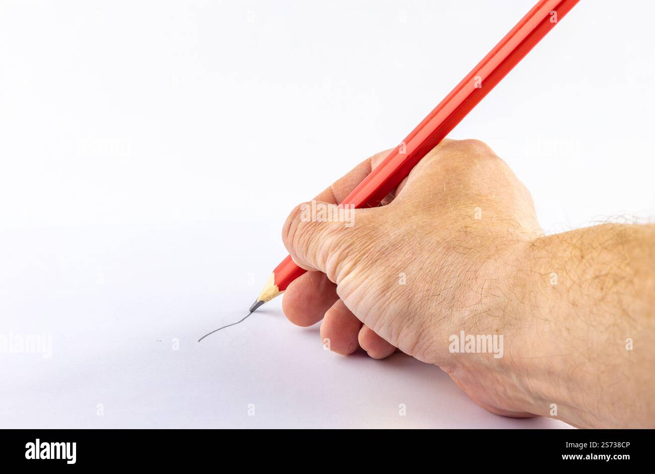 Big red pencil in man's hands, pencil drawing on white paper, graphic ...
