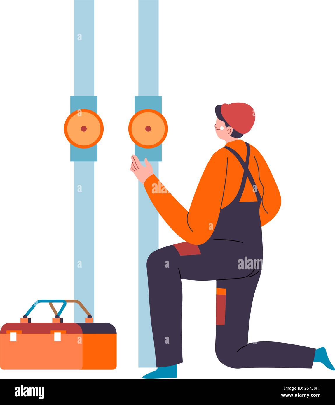 Male character working on the maintenance of pipes, man checking ...
