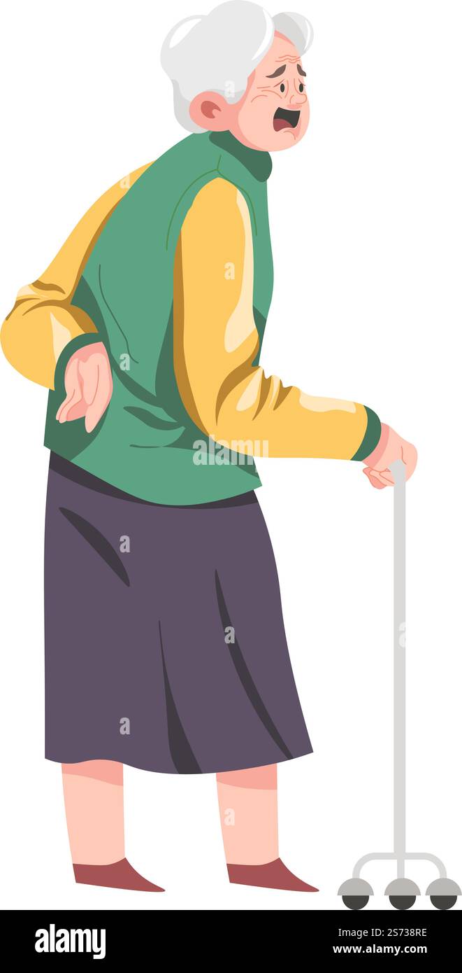 Senior woman using walking stick to stroll, elderly person slow in ...