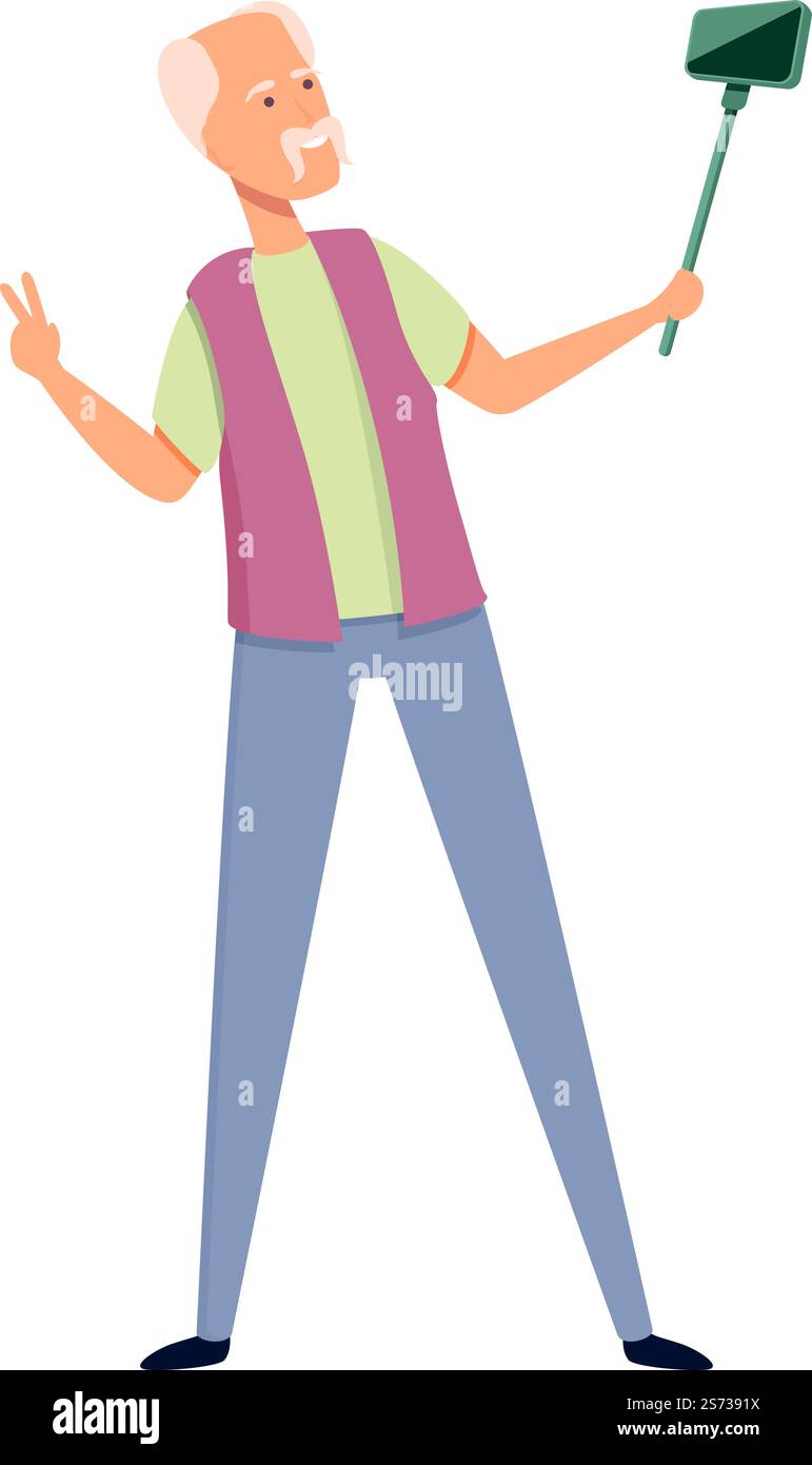 Grandpa use selfie stick icon cartoon vector. Old person. Senior mobile ...