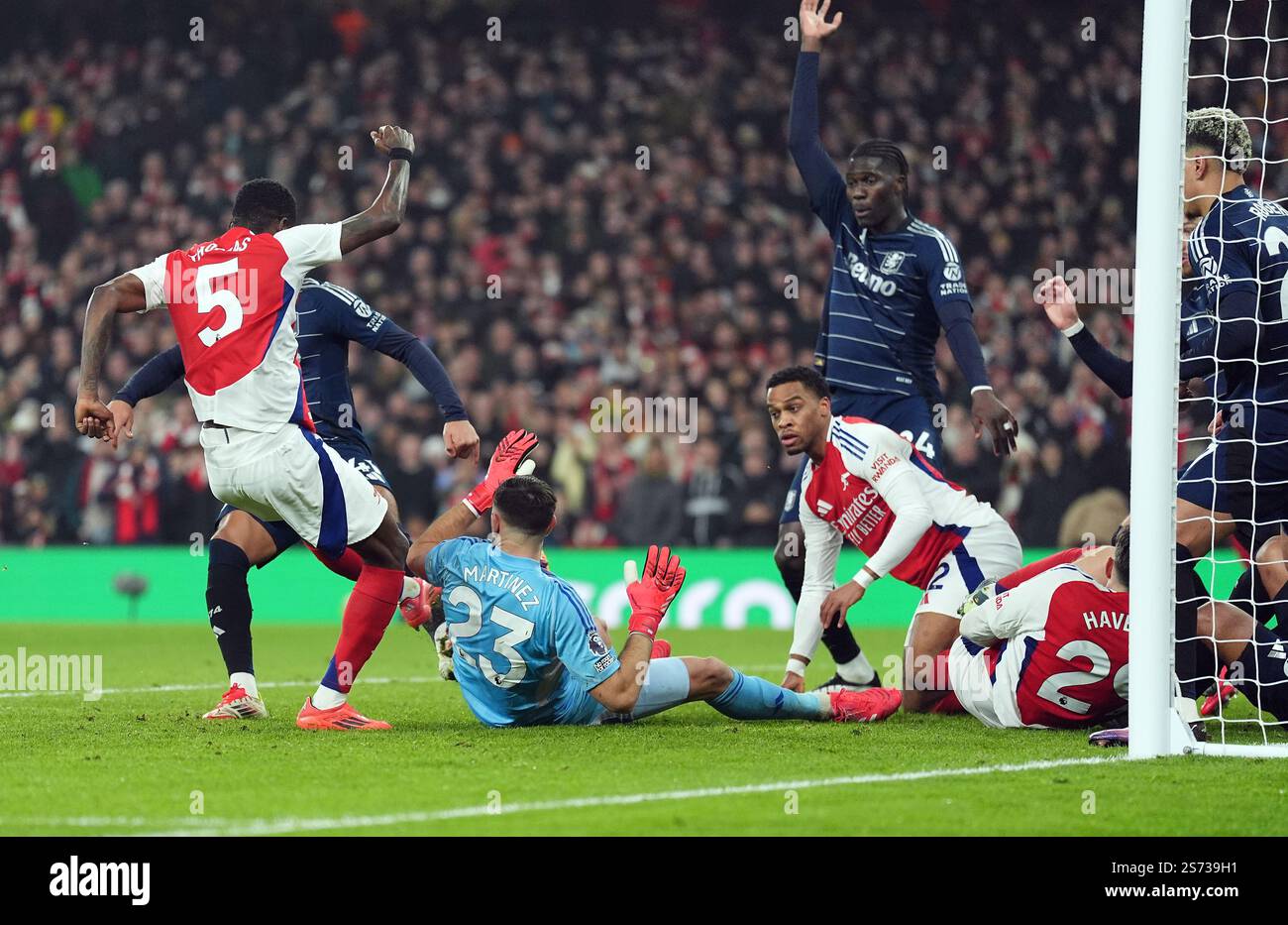Arsenal's Thomas Partey has a shot blocked by Aston Villa goalkeeper ...