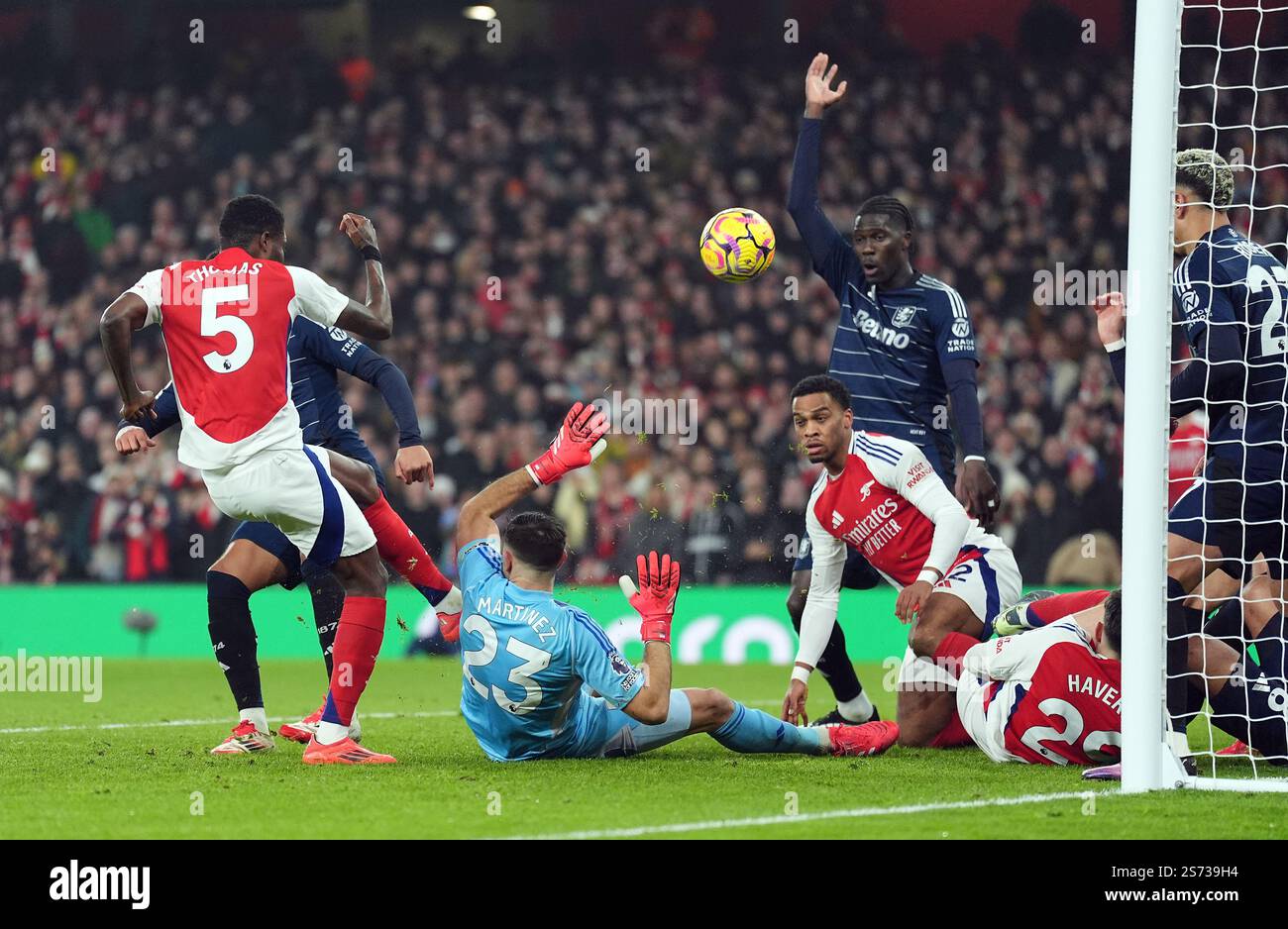 Arsenal's Thomas Partey has a shot blocked by Aston Villa goalkeeper ...