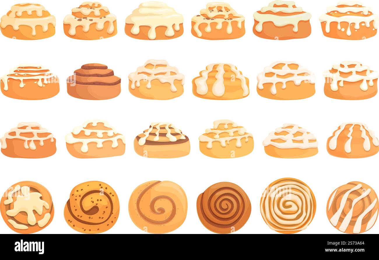 Cinnamon roll bun icons set cartoon vector. Food baked. Bread bakery ...